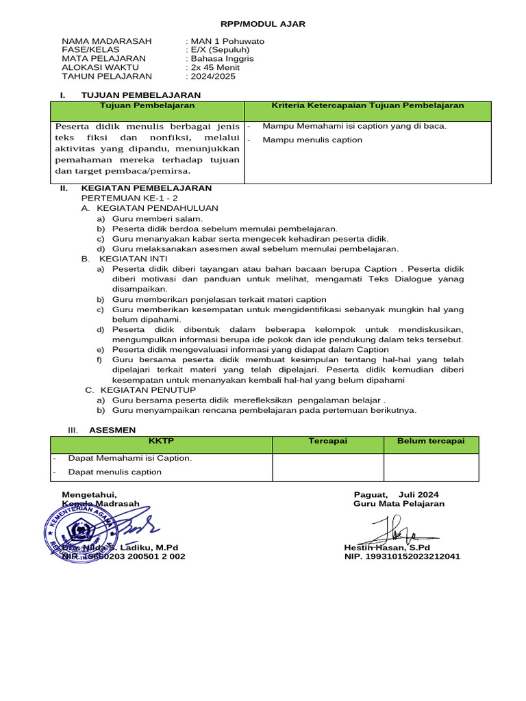 Contoh Caption dalam Pembelajaran Inggris | PDF