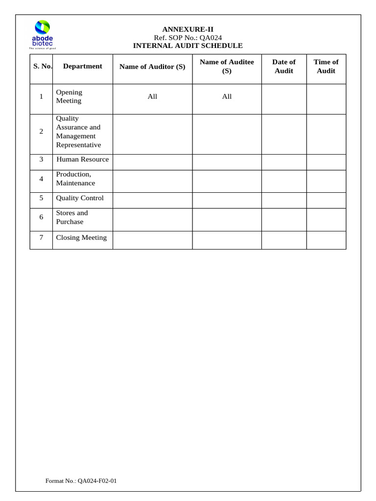 Annexure II Internal Audit Schedule | PDF