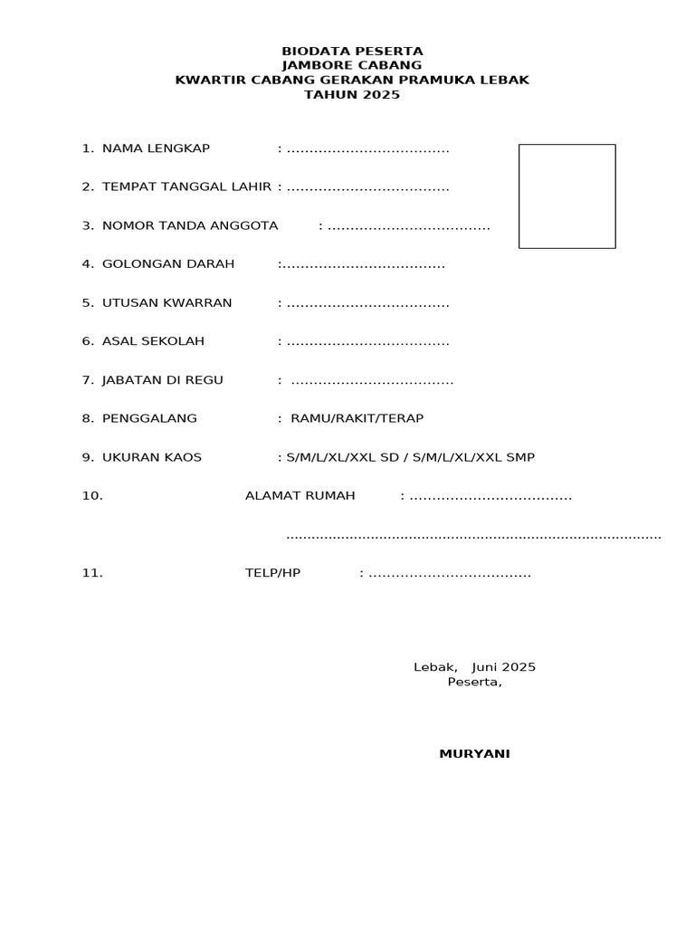 Formulir Jambore Cabang Tahun 2025 | PDF
