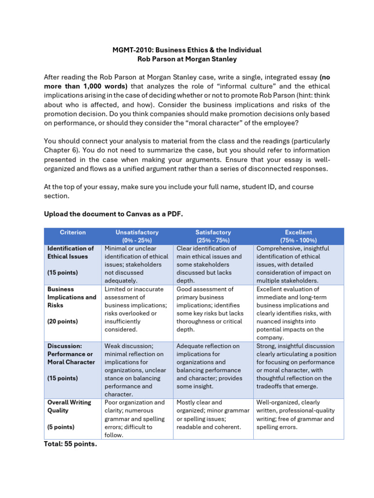 Case+Assignment+ +Rob+Parson+at+Morgan+Stanley | PDF | Risk | Essays