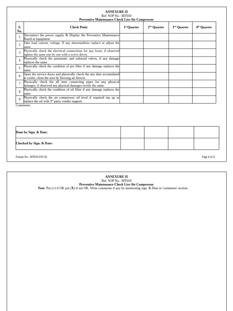 Air Compressor Maintenance Checklist | PDF