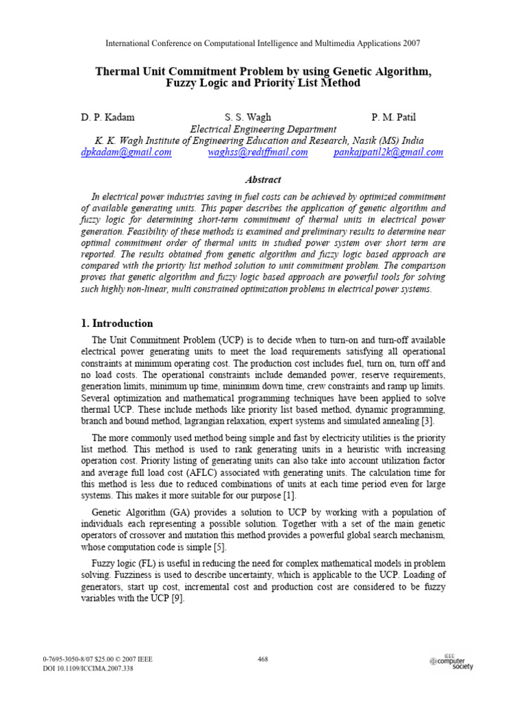 Thermal Unit Commitment Problem by Using Genetic Algorithm, Fuzzy Logic and Priority List Method ...
