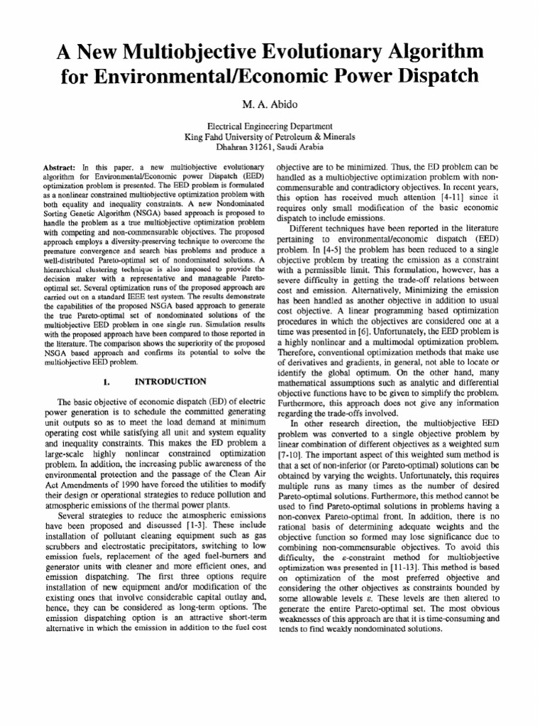 A New Multiobjective Evolutionary Algorithm For Environmental Economic Power Dispatch | PDF ...