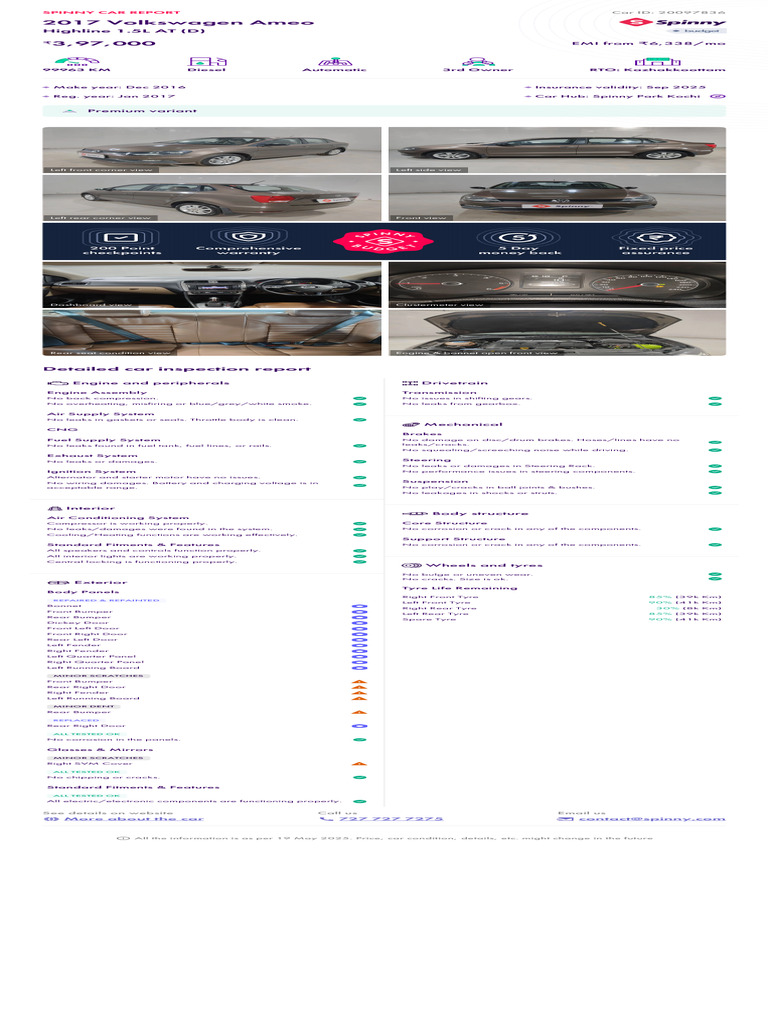 Spinny 2017 Volkswagen Ameo Inspection Report | PDF | Leak | Door