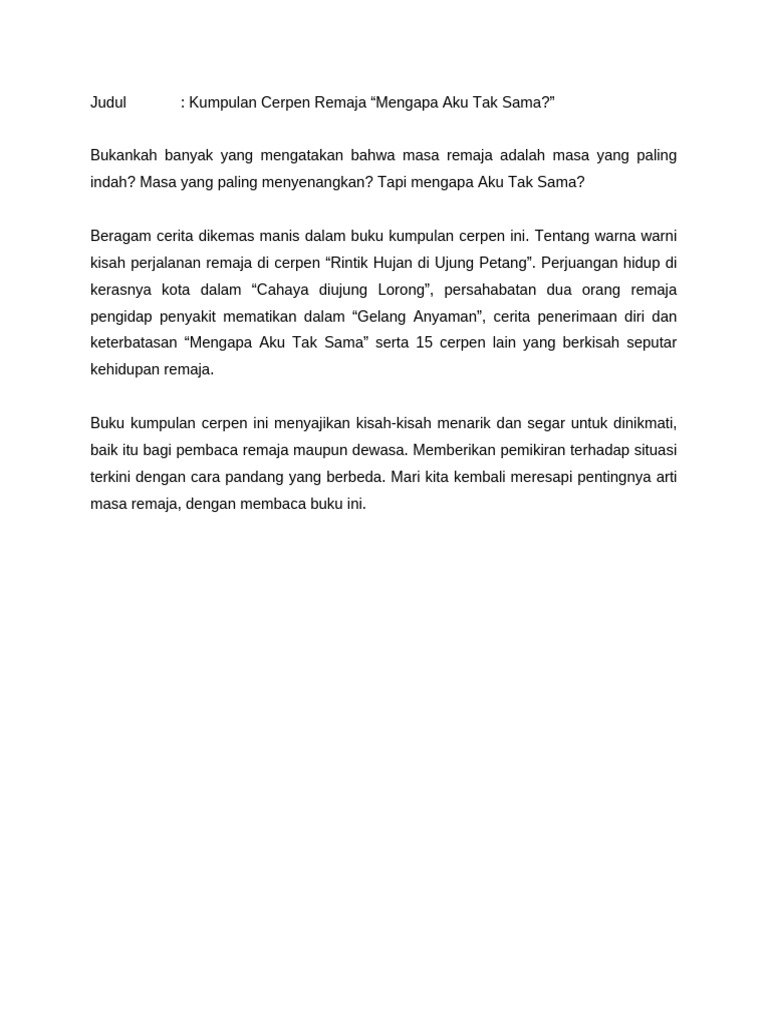 Kumpulan Cerpen Remaja "Mengapa Aku Tak Sama?" | PDF