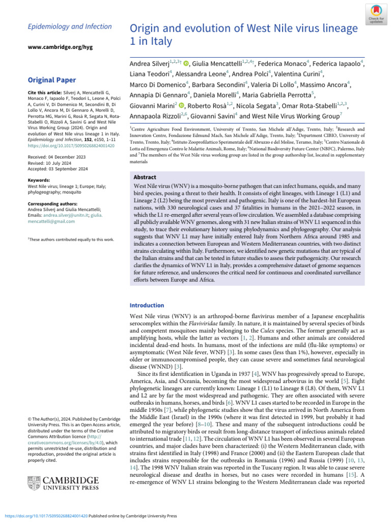 Origin and Evolution of West Nile Virus Lineage 1 | PDF | Dna ...
