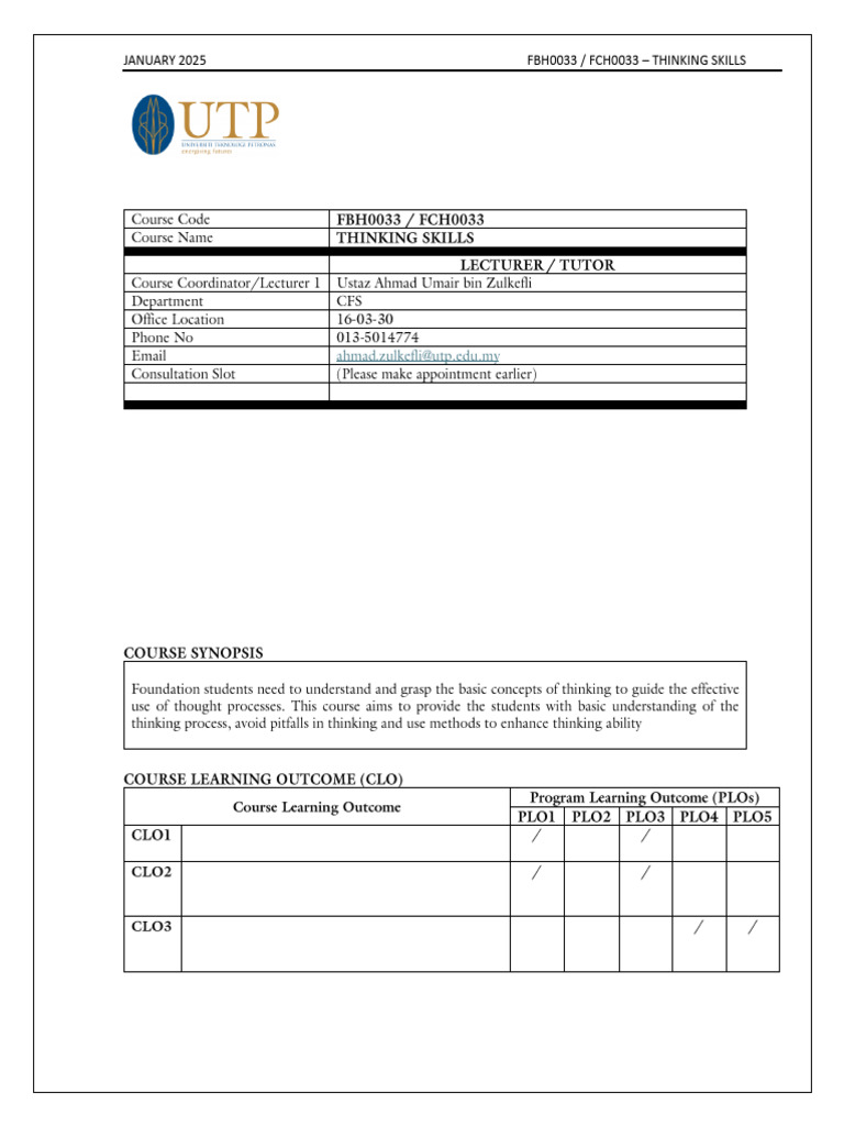 Thinking Skills Course Outline 2025 | PDF | Learning | Creativity