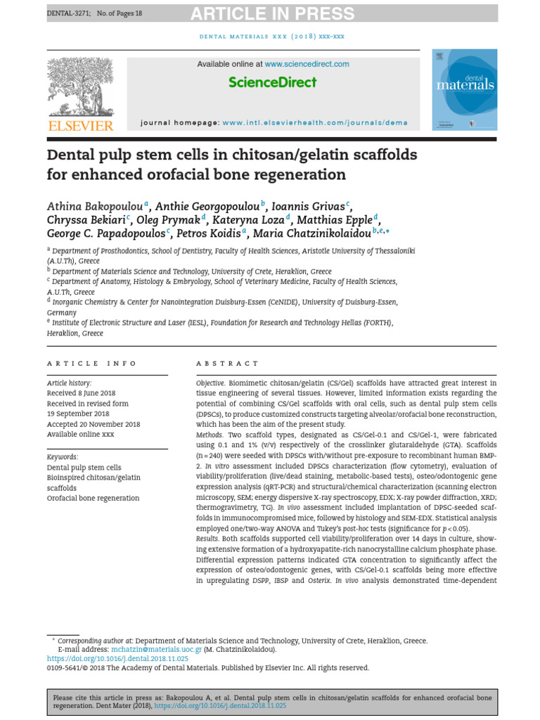 Dental Pulp Stem Cells in Chitosan/gelatin Scaffolds For Enhanced ...