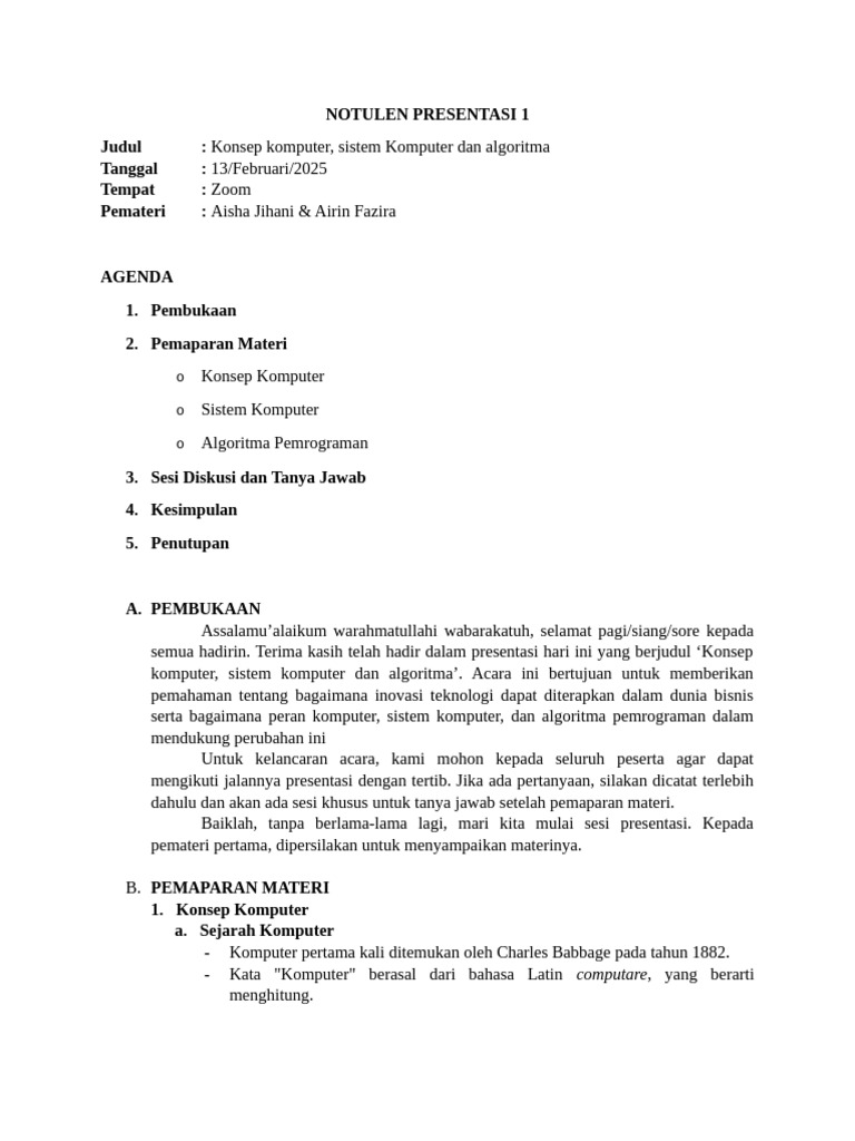 Notulen Presentasi 1 - 095628 | PDF