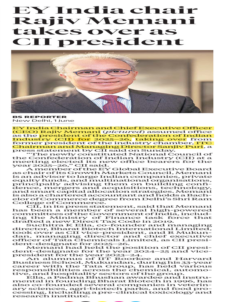 Rajiv Memani Assumes CII Presidency | PDF