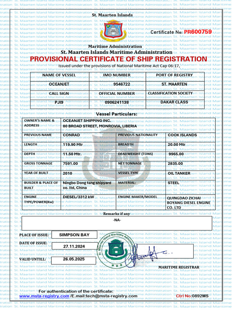Oceanjet-Certificate of Registry | PDF