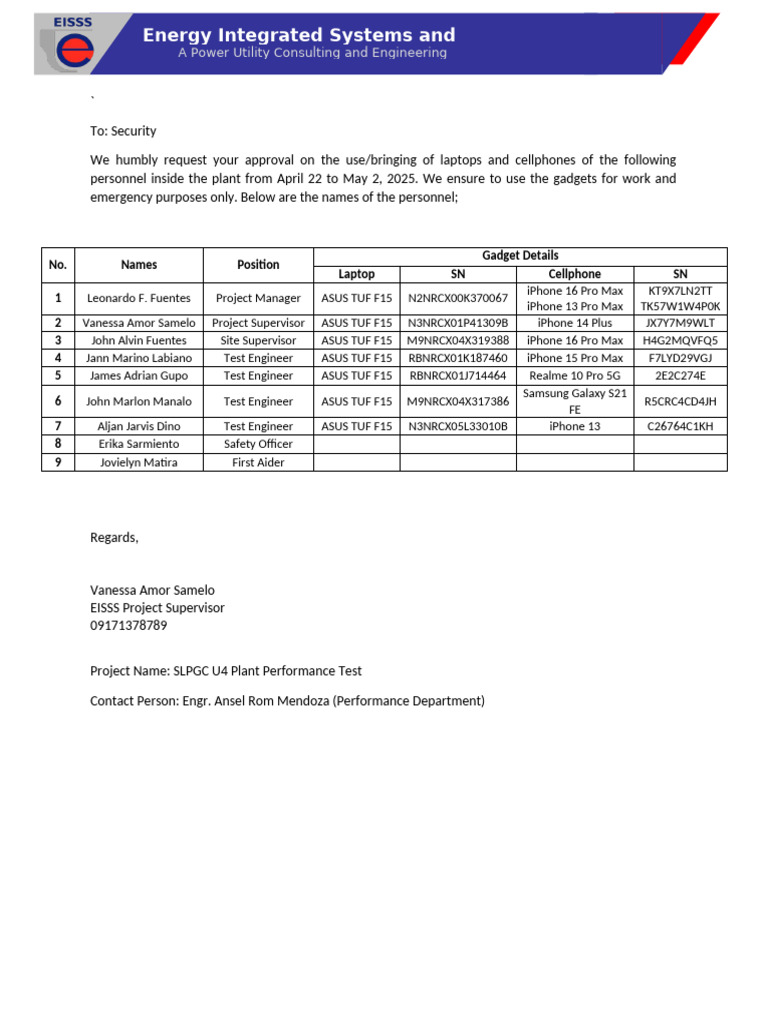 Authorization for Gadget Use in Plant | PDF