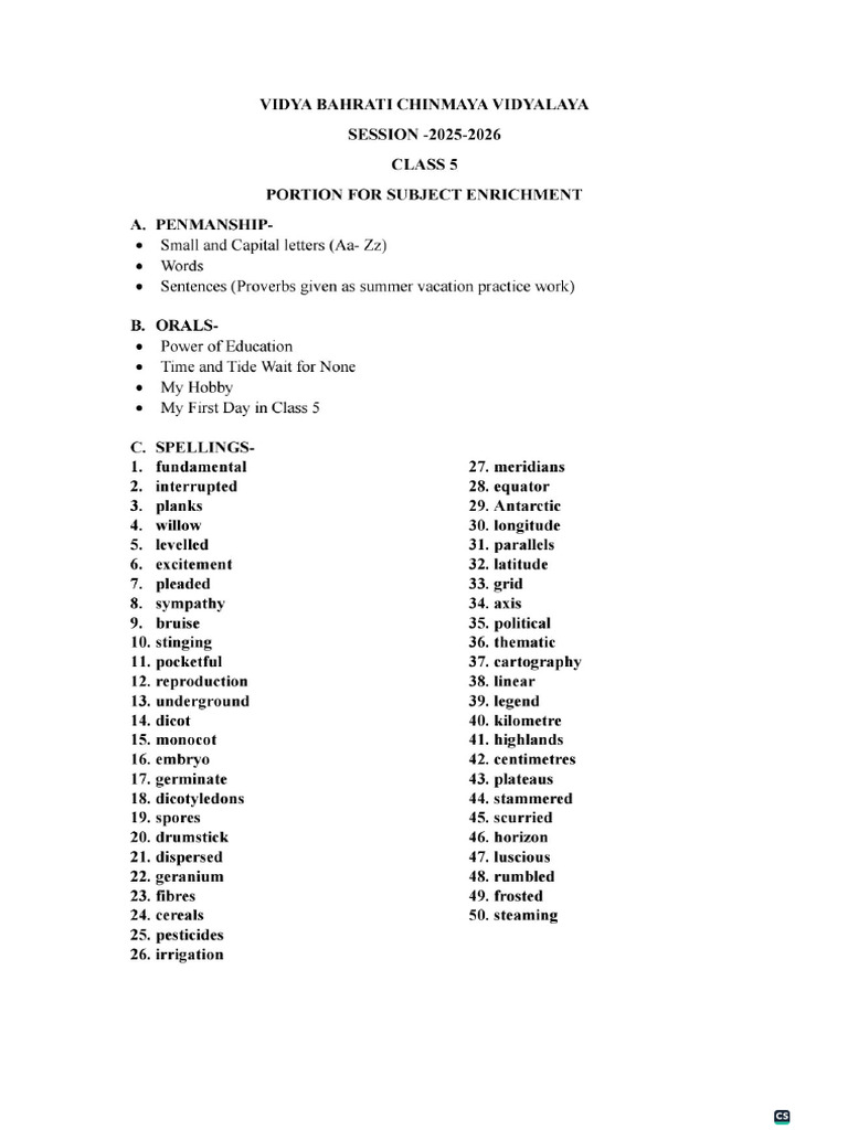 Portion For Se Class 5 | PDF
