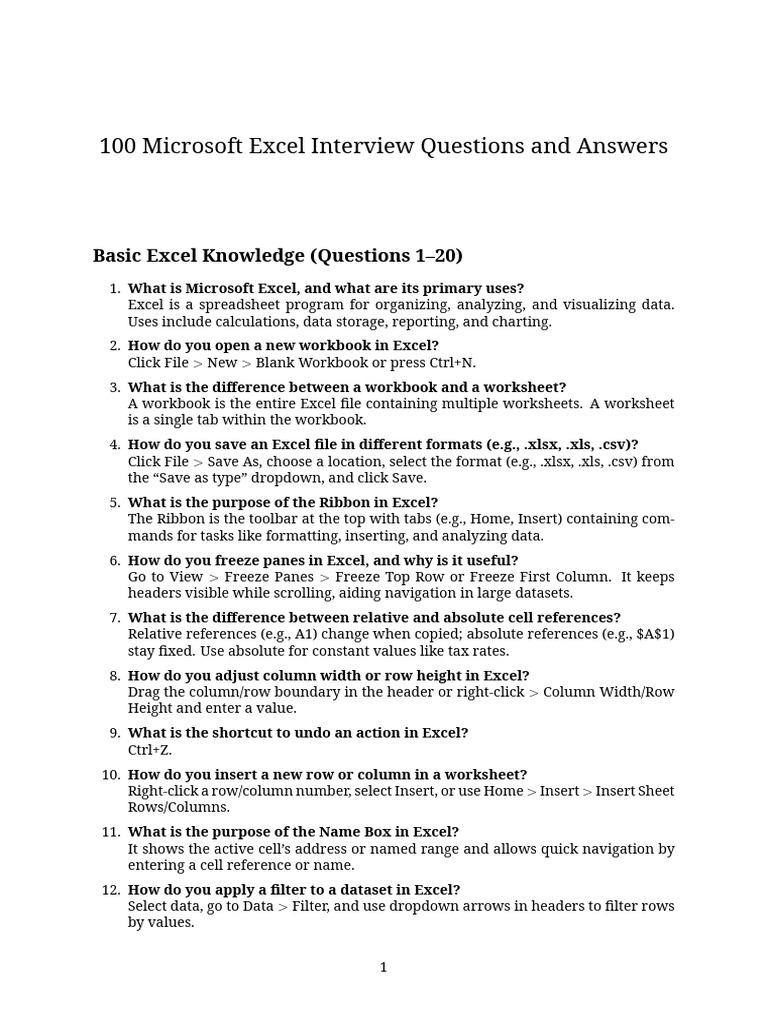 100 Microsoft Excel Interview Questions and Answers | PDF | Microsoft ...
