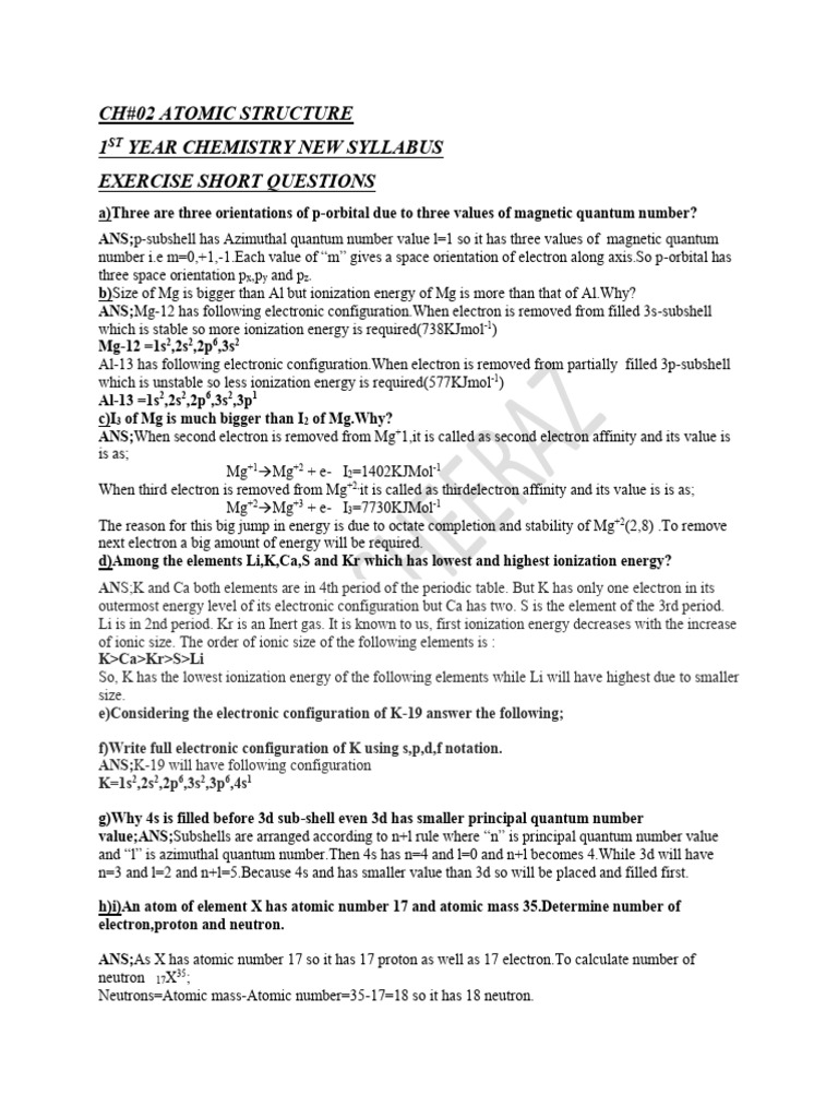 CH 2 Exercise | PDF | Electron Configuration | Atomic Orbital