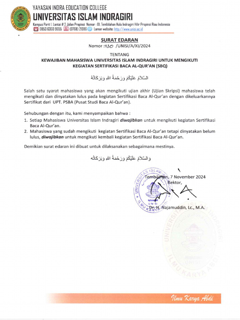 Surat Edaran Rektor PBQ 2024 | PDF