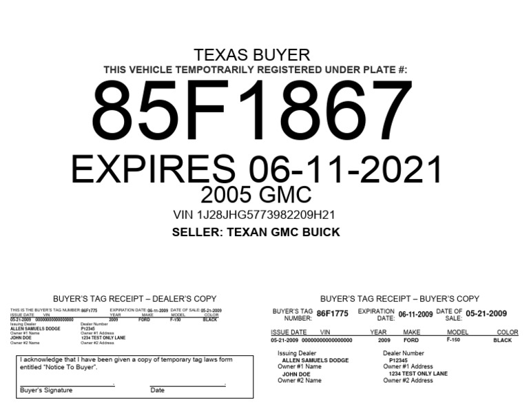 Texas Vehicle Buyer’s Tag Receipt | PDF | Vehicle Technology | Motor ...