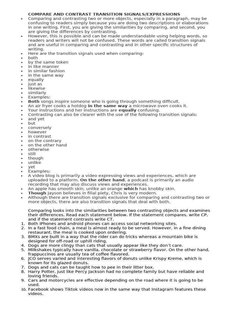 Compare and Contrast Transition Signals | PDF