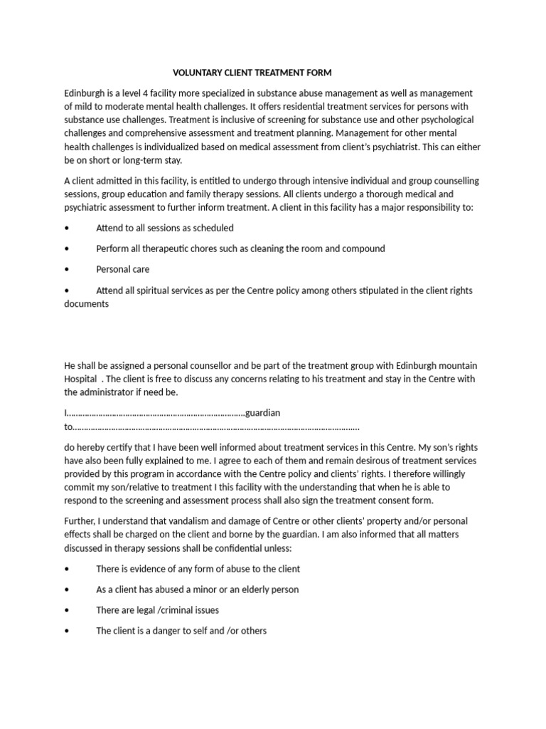 Voluntary Client Treatment Form 2 | PDF | Psychiatry | Substance Abuse
