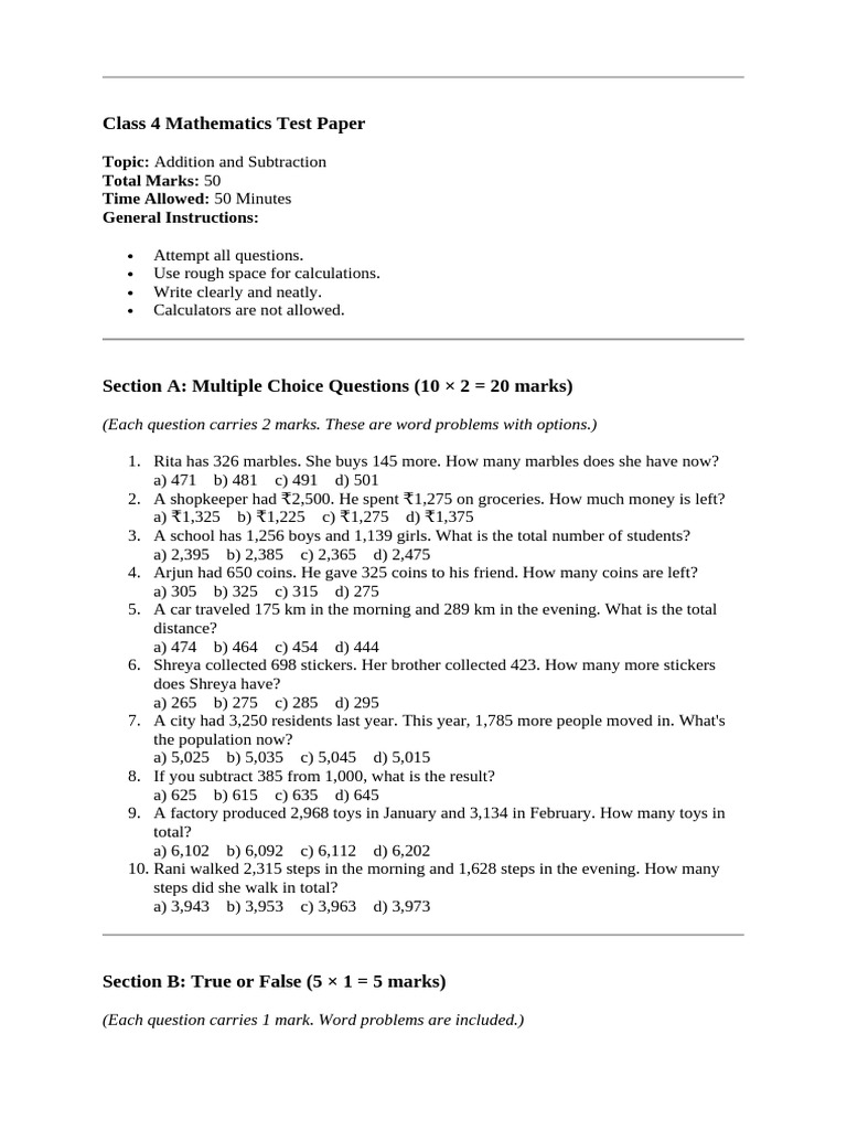 Class 4 Mathematics Test Addition and Subtraction | PDF | Chess ...