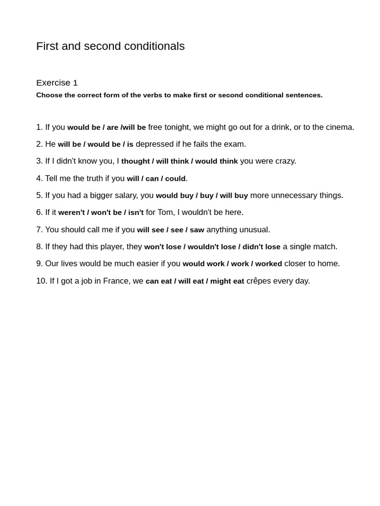 First and Second Conditionals Exercise | PDF
