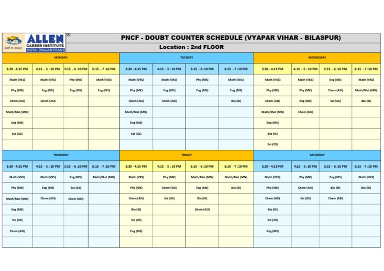 PNCF - Doubt Counter Schedule (Vyapar Vihar - Bilaspur) : Location: 2nd ...