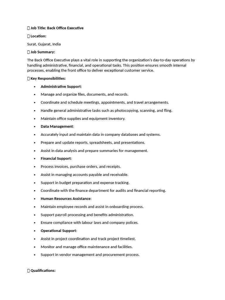 Back Office Executive JOB | PDF