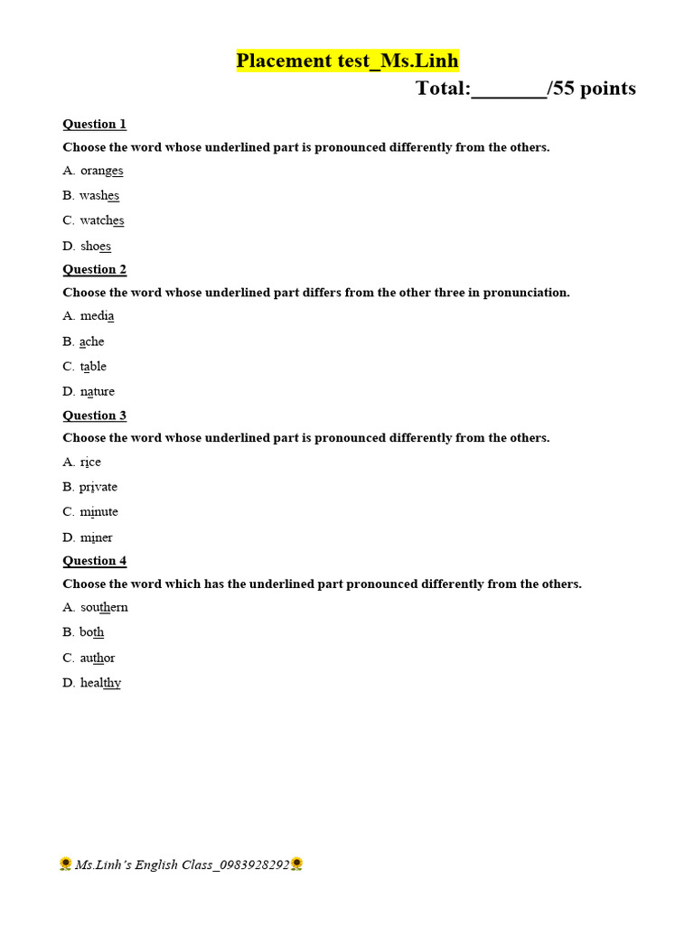 Ms. Linh's English Class Placement Test | PDF | Piano