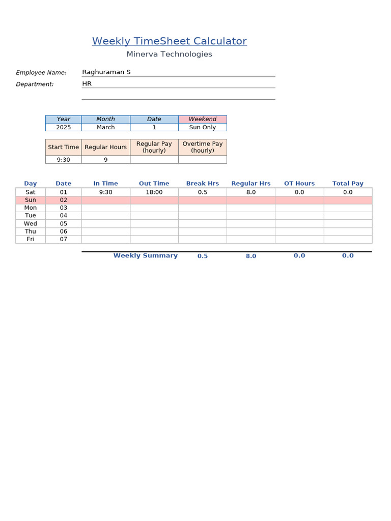 Weekly TimeSheet Calculator Template | PDF | Working Time | Employee ...