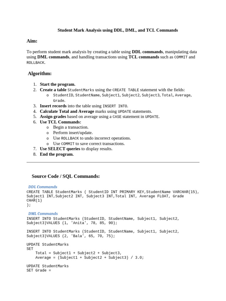 Student Mark Analysis Using DDL | PDF | Pl/Sql | Computer Programming