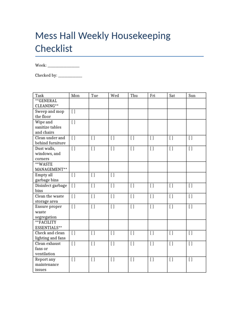 Weekly Mess Hall Cleaning Checklist | PDF