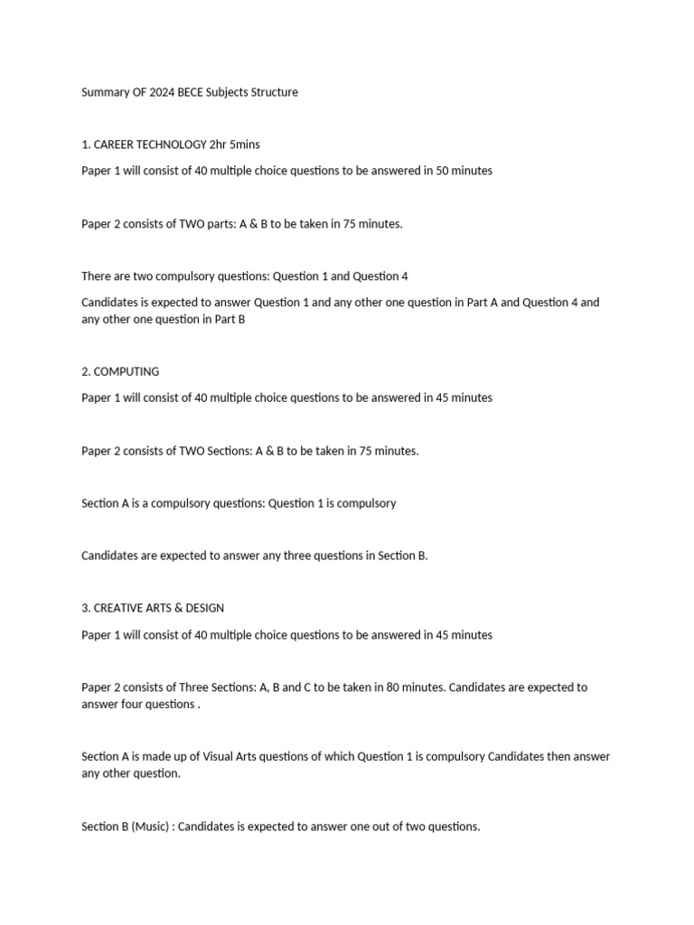 Summary of 2024 BECE Subjects Structure | PDF