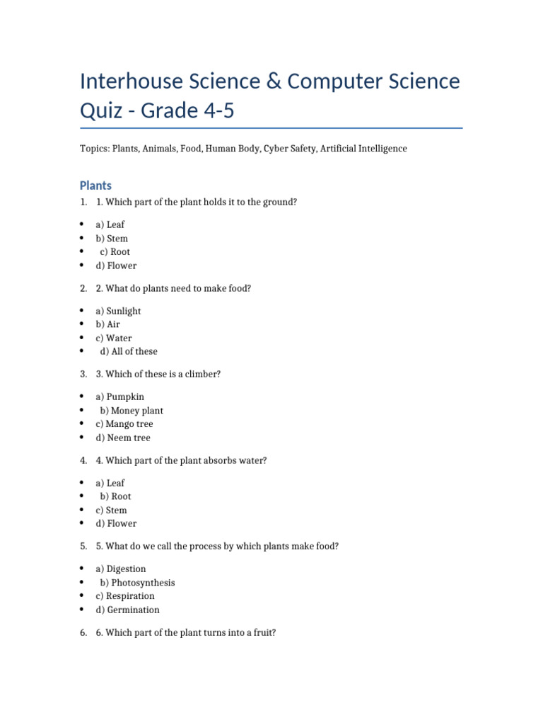 Science Computer Quiz Grade4!5!100Q | PDF | Human Body | Foods