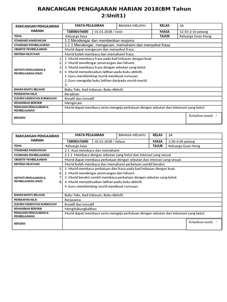 RPH BM Tahun 2 (Unit 1) | PDF