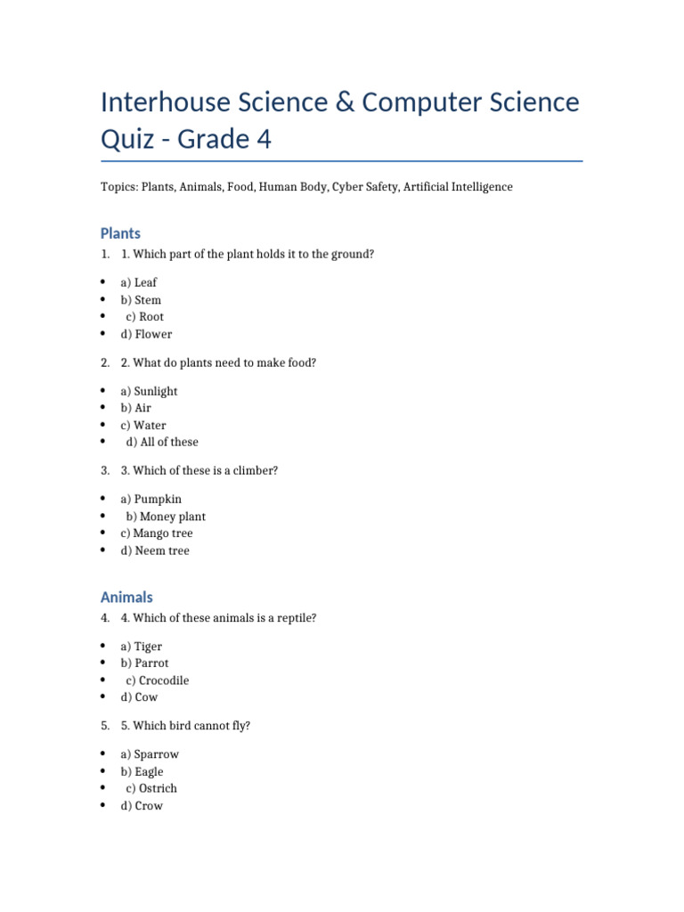 Science Computer Quiz Grade4 | PDF