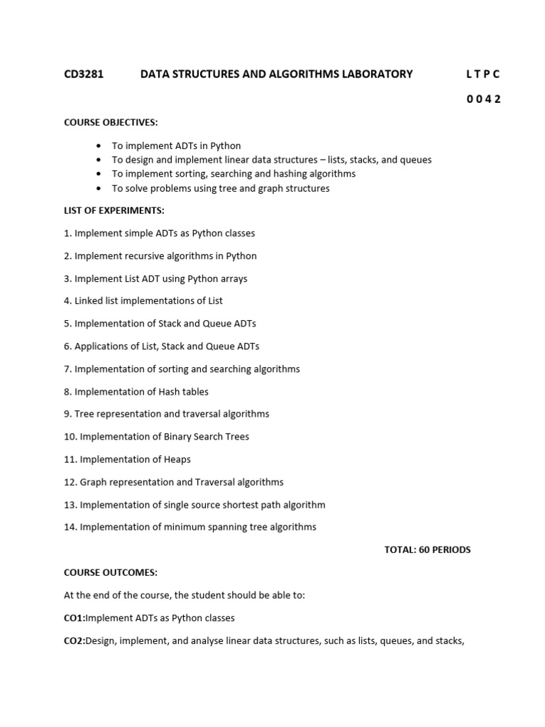 2 Dsa Lab Syl | PDF | Algorithms | Algorithms And Data Structures