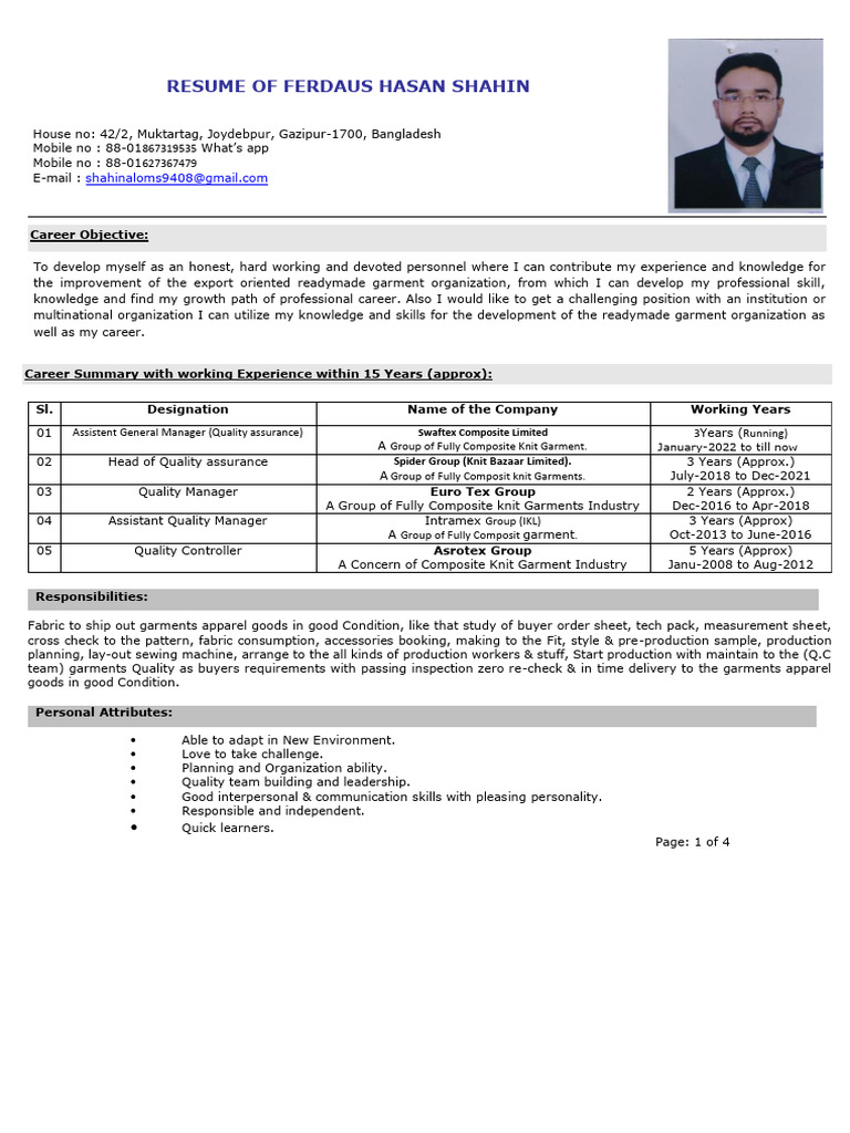 Resume of Ferdaus Hasan Shahin 05012024 | PDF | Clothing