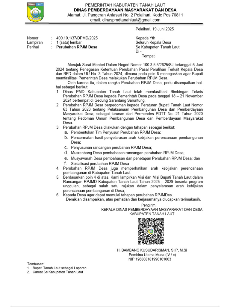 Surat PMD Tentang Perubahan RPJM Desa | PDF