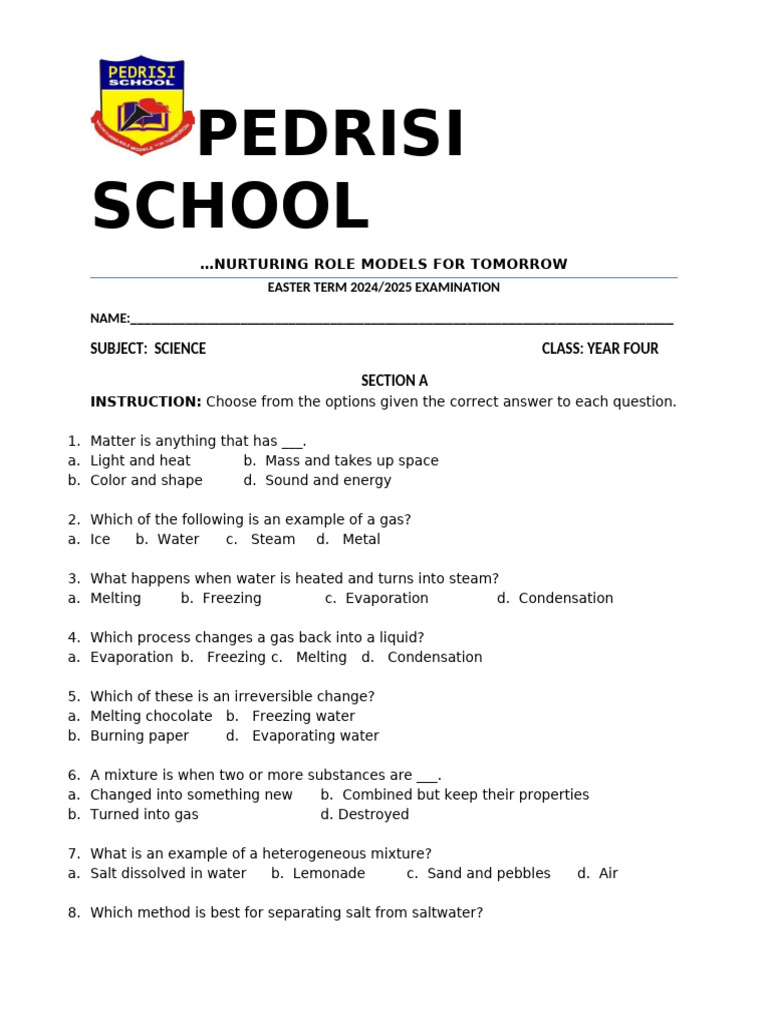 Year 4 Science Exam Questions Easter 2025 | PDF | Atmosphere Of Earth ...