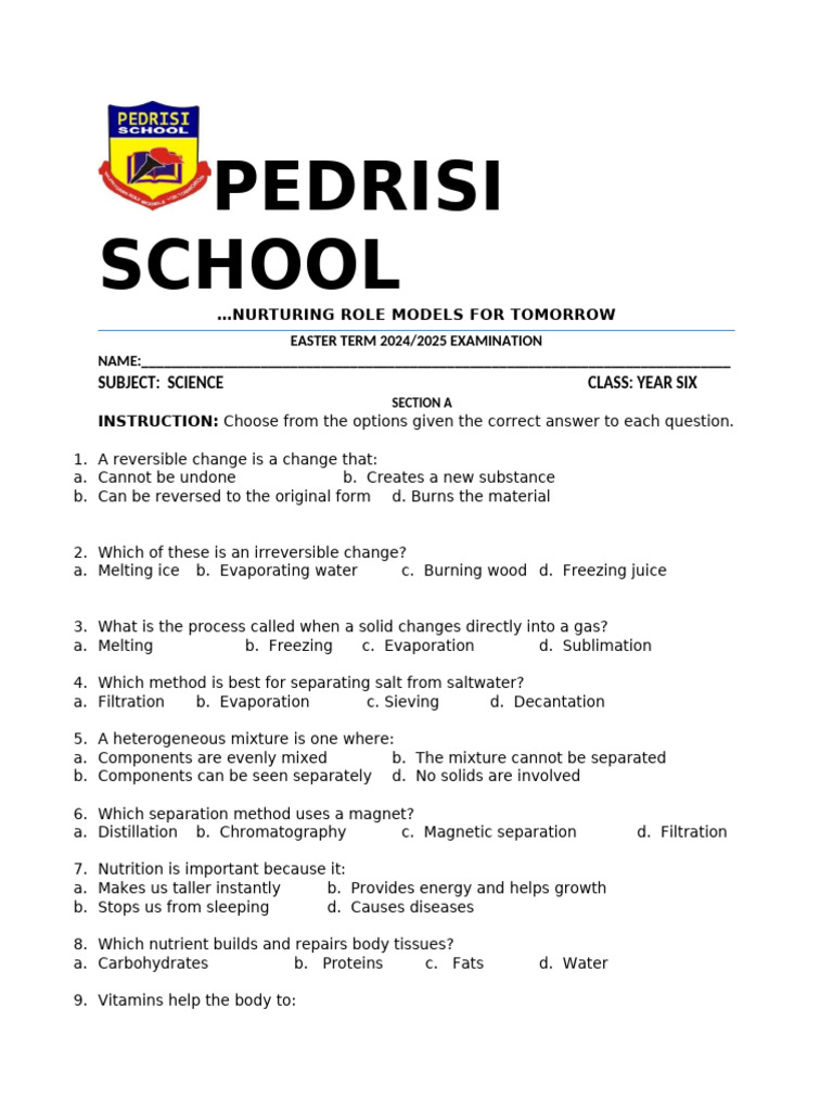 Year Six Science Exam Questions | PDF | Photosynthesis | Water