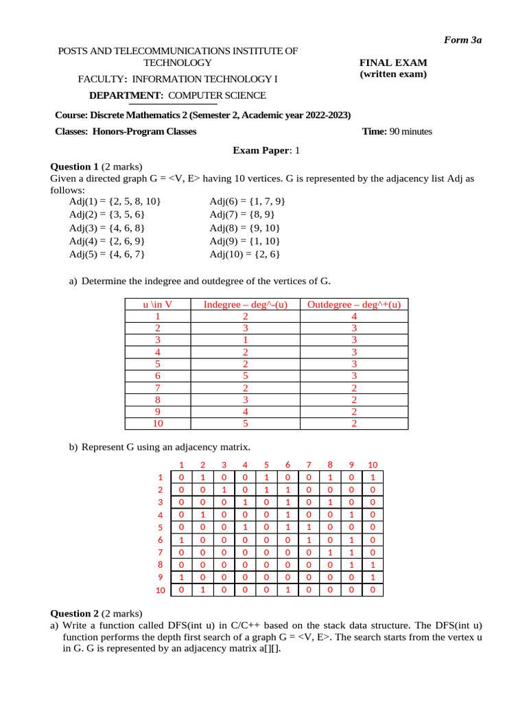 DiscreteMath2 HonorsProg2023 Qpaper 1 | PDF | Graph Theory | Mathematical Relations