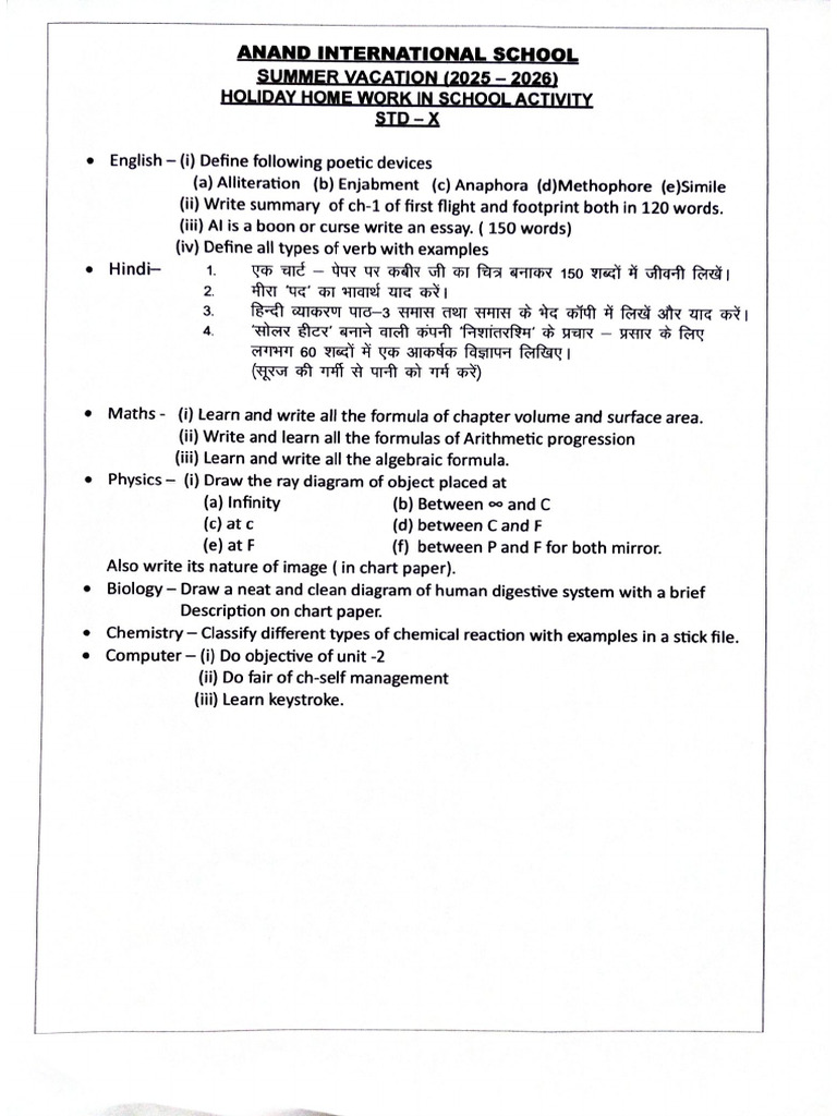 Holiday Homework STD 10 | PDF