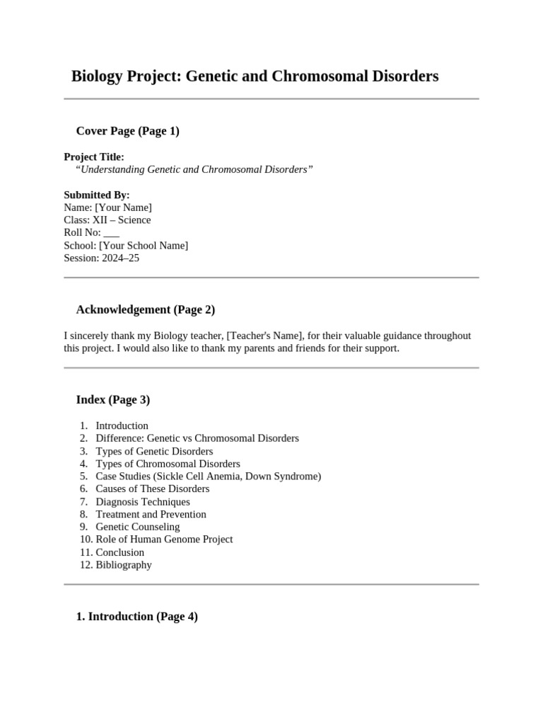 Biology Project: Genetic and Chromosomal Disorders: Cover Page (Page 1 ...