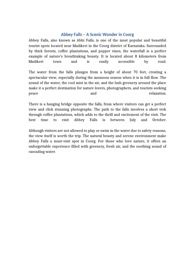 Abbey Falls Tourist Spot Coorg | PDF