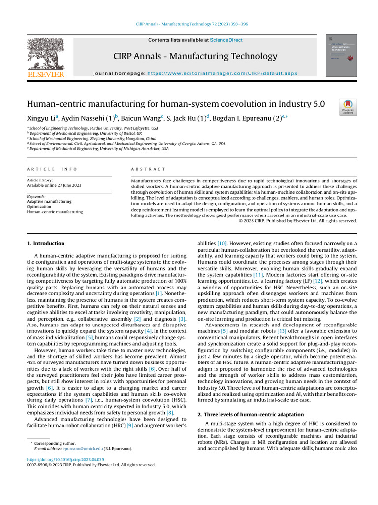 Human-Centric Manufacturing For Human-System Coevolution in Industry 50 ...