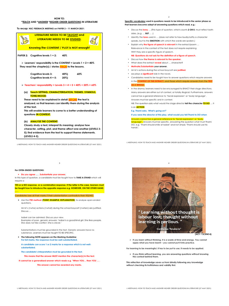 Teaching Higher Order Questions in Literature | PDF | Apartheid