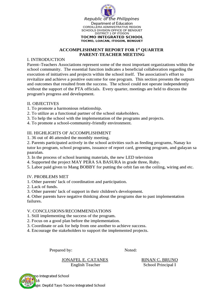 Accomplishment Report On PTA Meeting | PDF | Learning