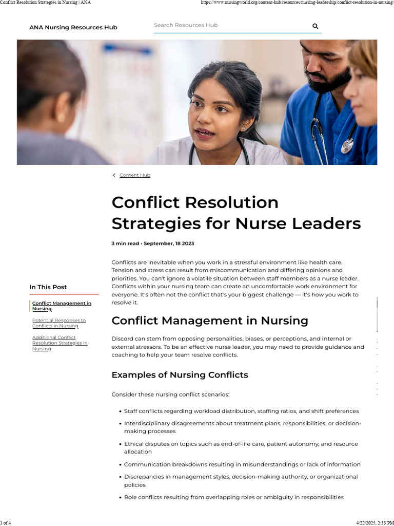 Conflict Resolution Strategies In Nursing Ana Pdf Conflict