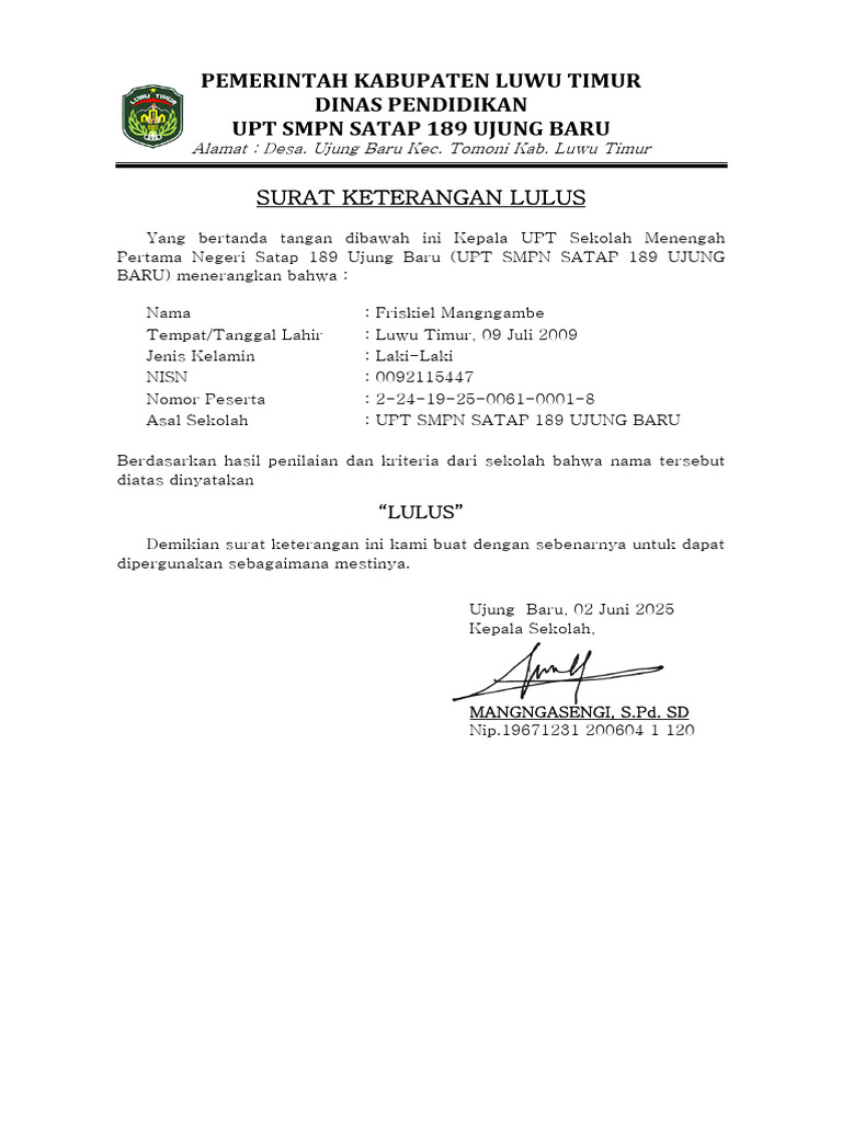 Surat Keterangan Lulus Rikel | PDF