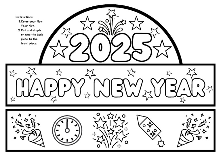 Black and White Coloring New Year Hat Printable Craft | PDF